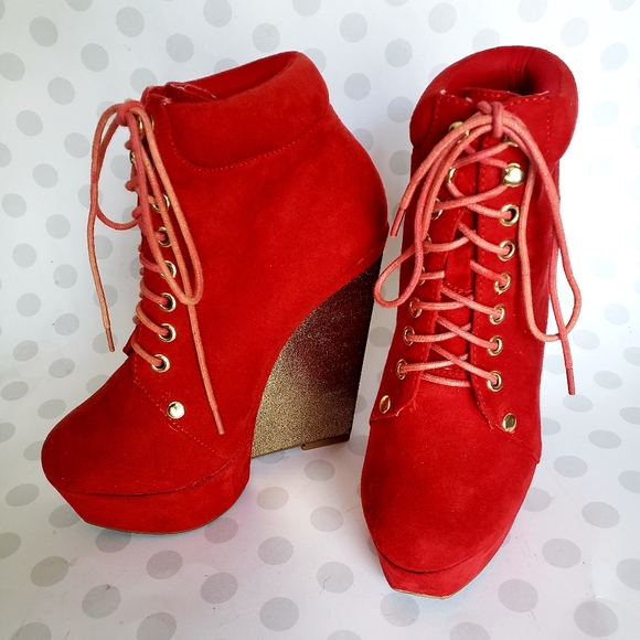 Liliana | Shoes | Liliana Red Platform Wedge Lace Up Shoes Size 75 New ...